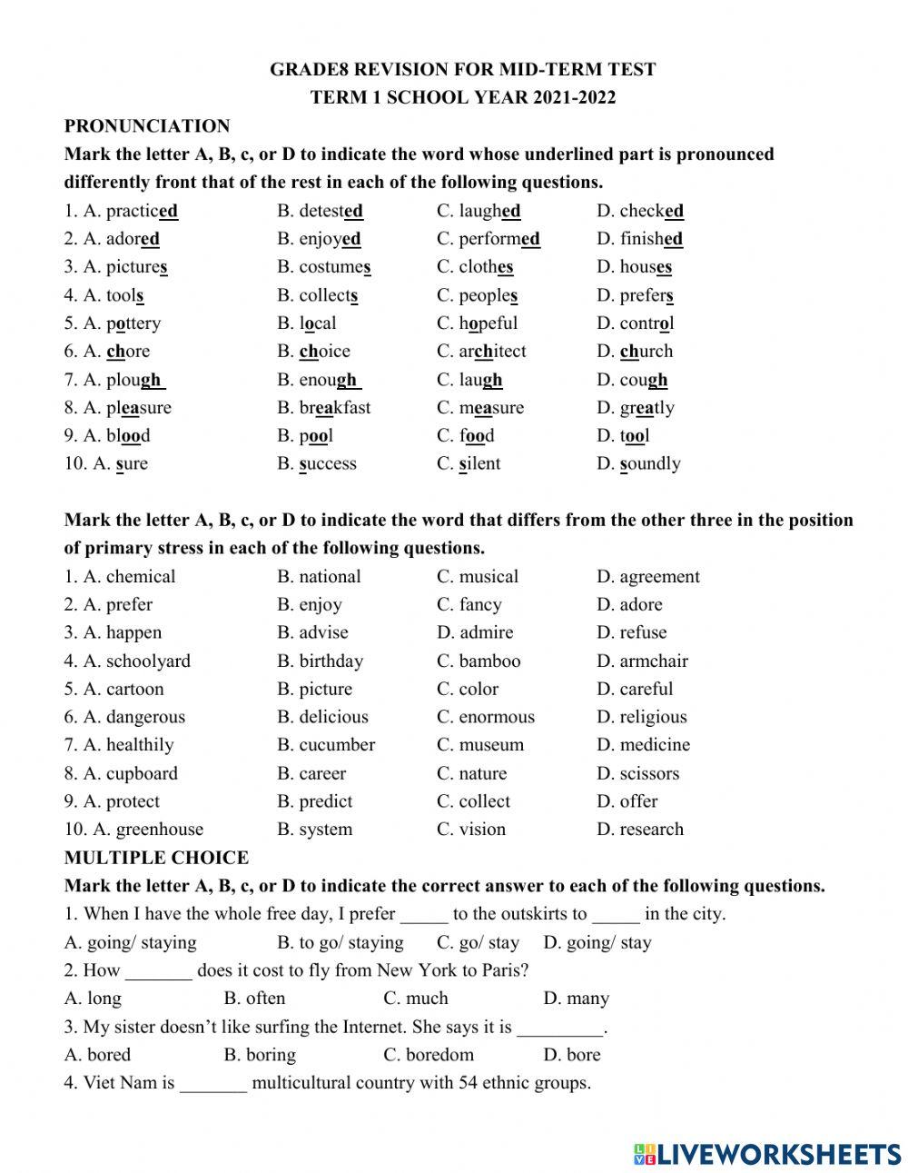 Grade 8- Mid term revision exercise | Live Worksheets