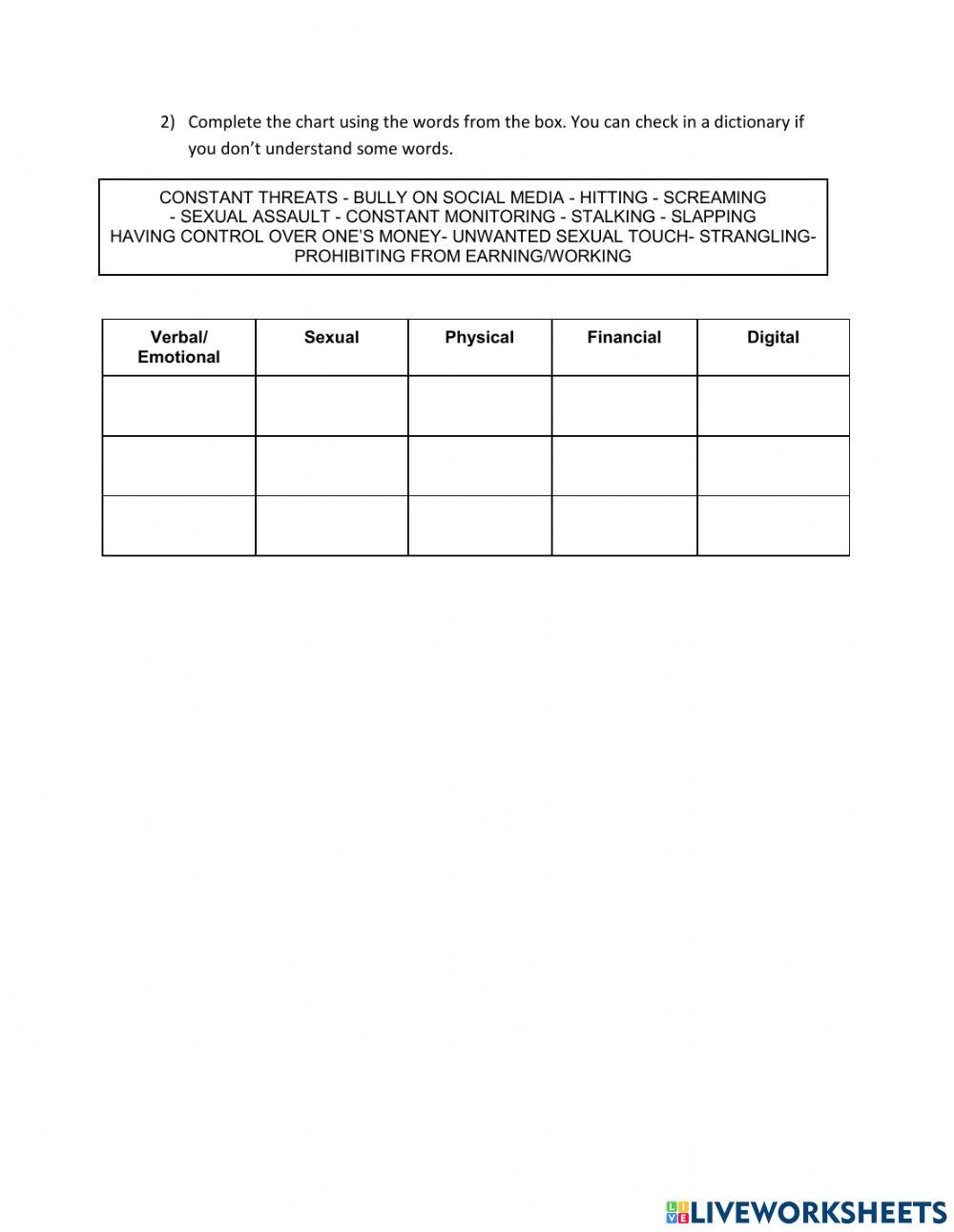 Types of Violen… | Free Interactive Worksheets | 6750545