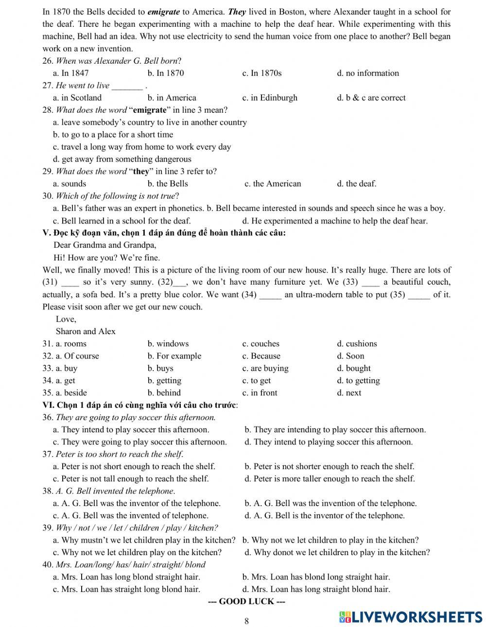 English test online exercise for 8 | Live Worksheets