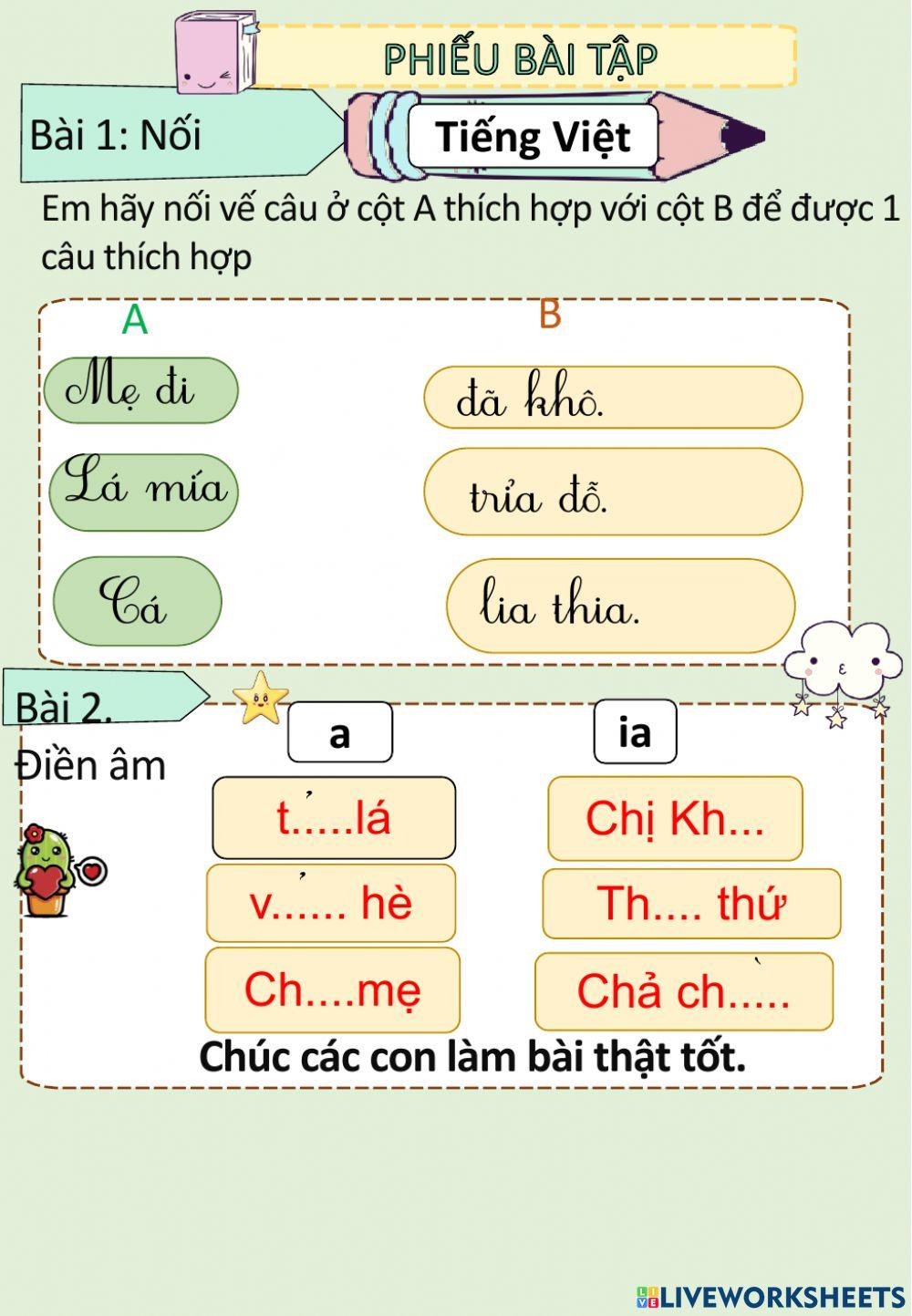 Tiếng việt ia worksheet | Live Worksheets