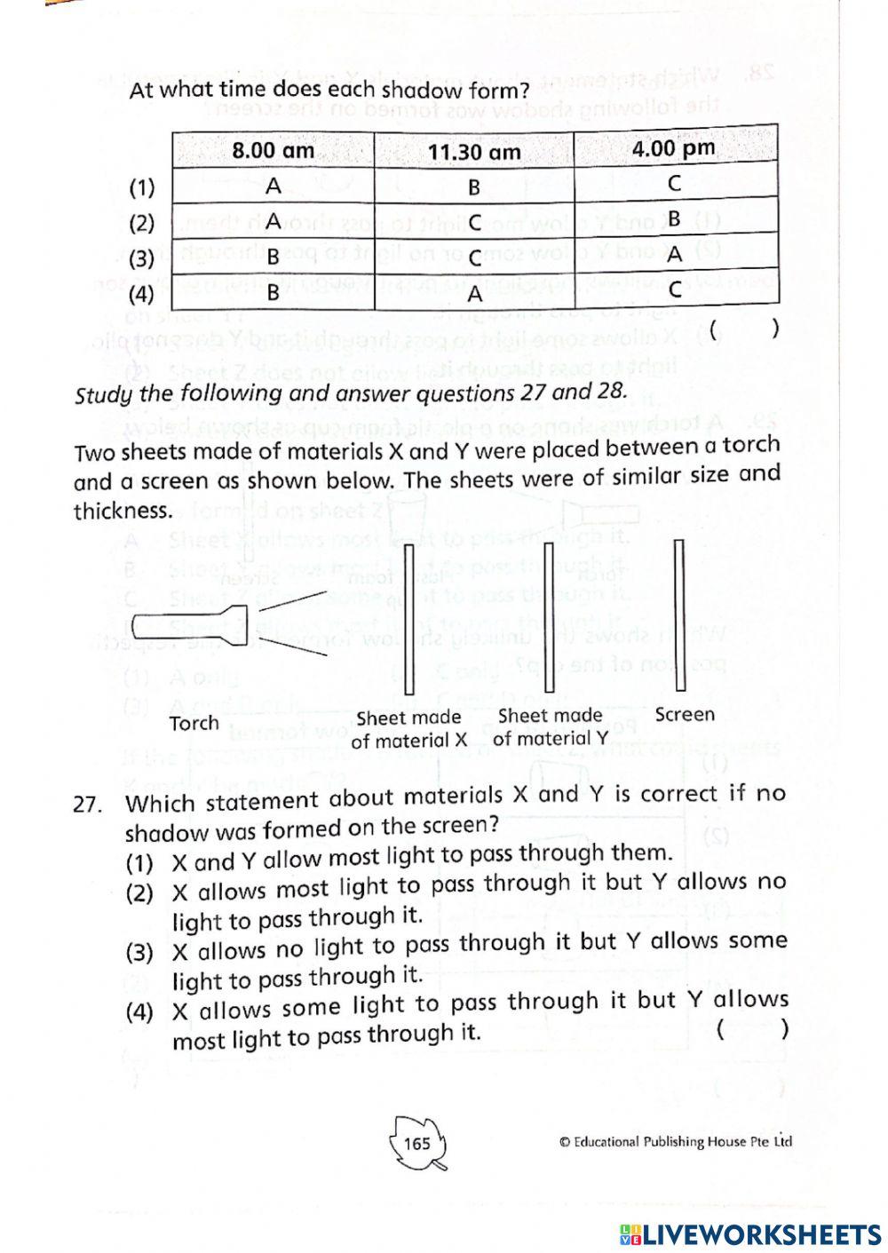 Light and Shadow | Free Interactive Worksheets | 1547299