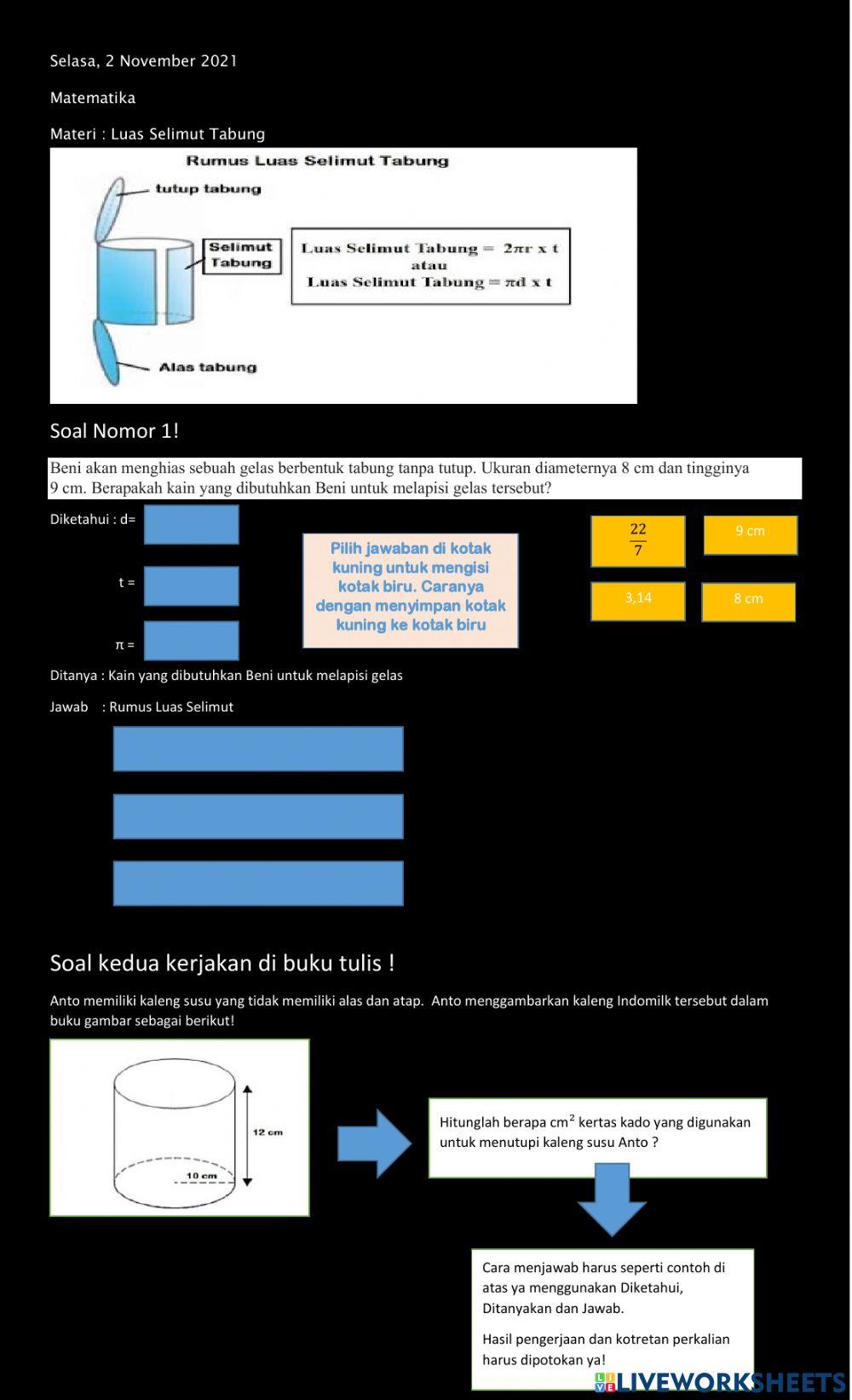 Matematika luas selimut tabung worksheet | Live Worksheets