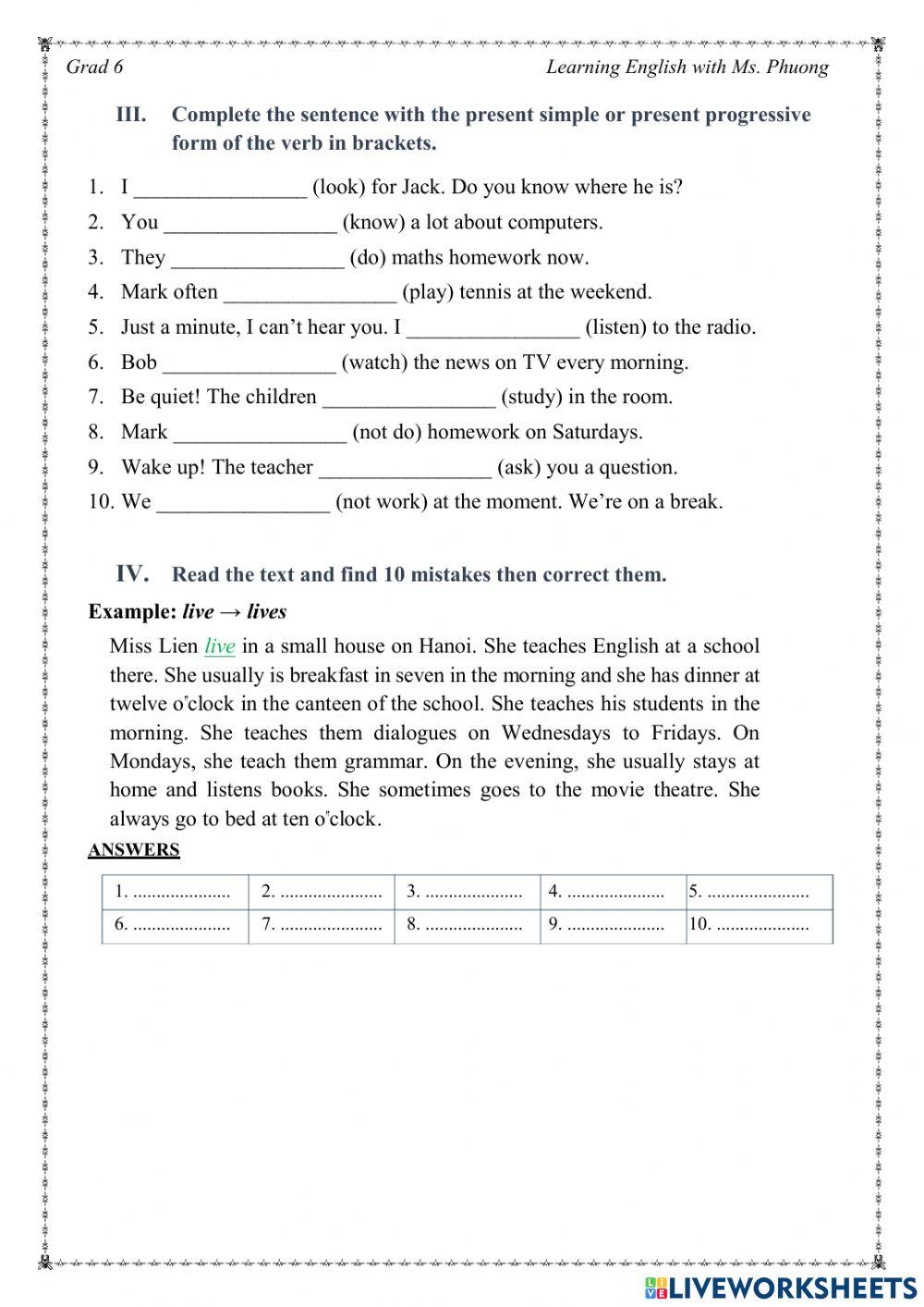 Pdf online activity: English 6 | Live Worksheets