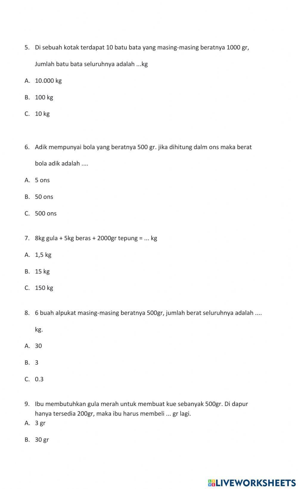 Soal Cerita Satuan berat online exercise for | Live Worksheets