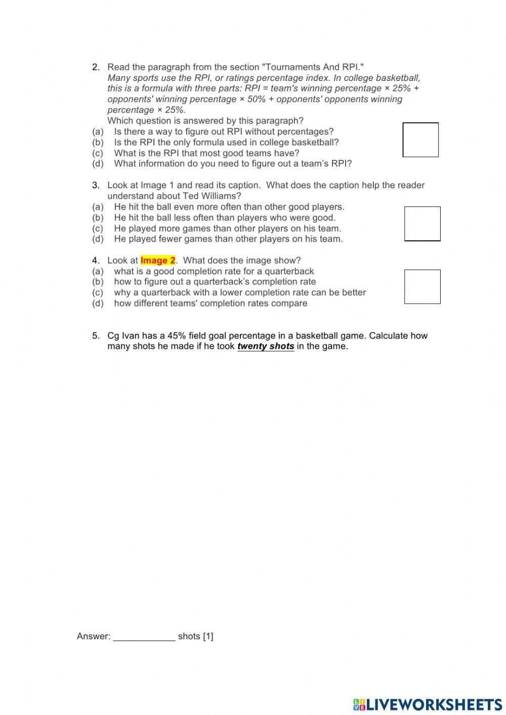 Stage 3 Maths Literacy online exercise for | Live Worksheets