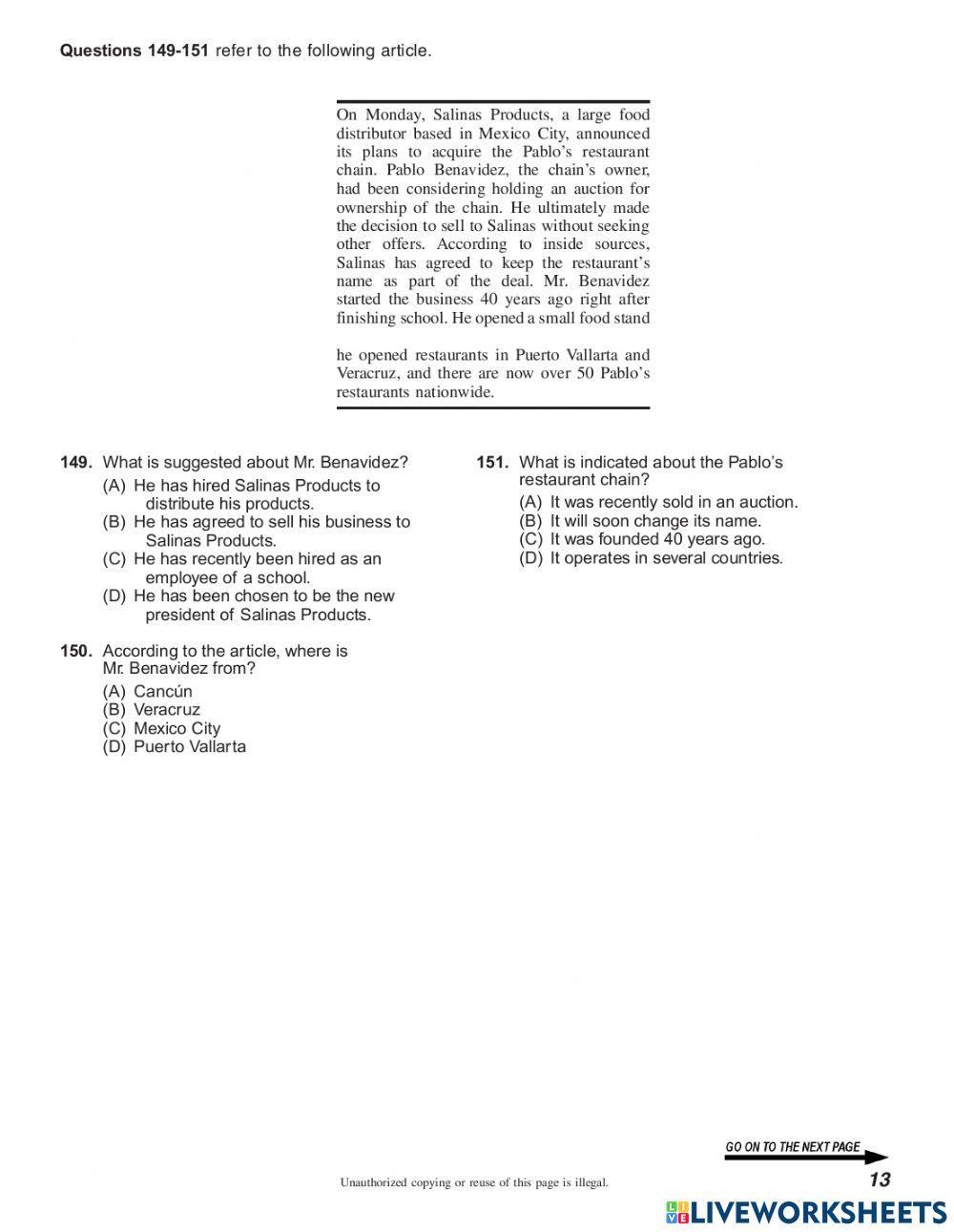 TOEIC reading t… | Free Interactive Worksheets | 1551210