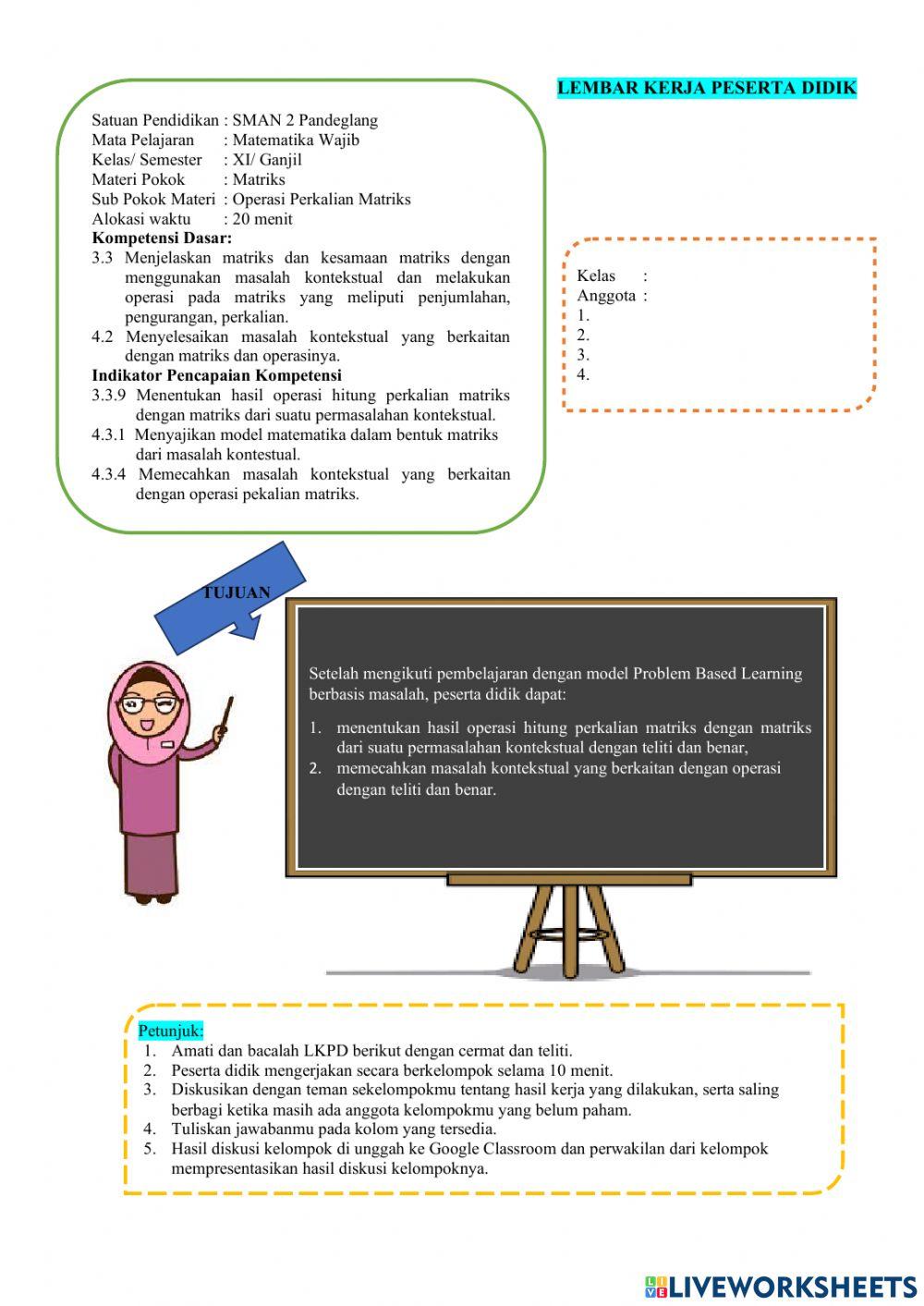 LKPD Operasi Perkalian Matriks edit worksheet | Live Worksheets
