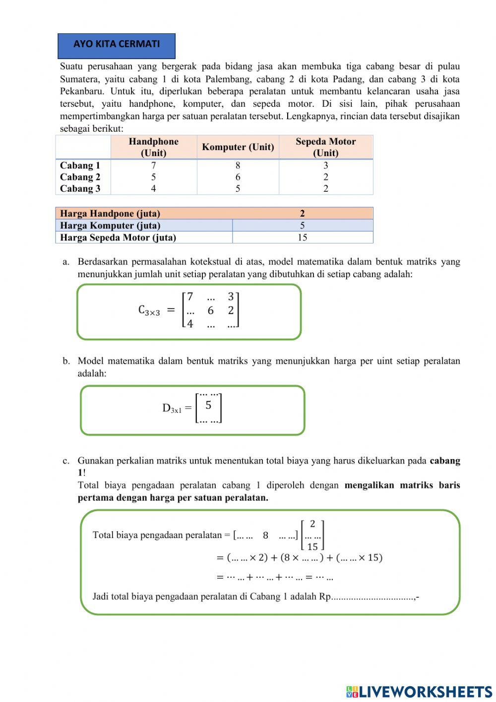 LKPD Operasi Perkalian Matriks edit worksheet | Live Worksheets