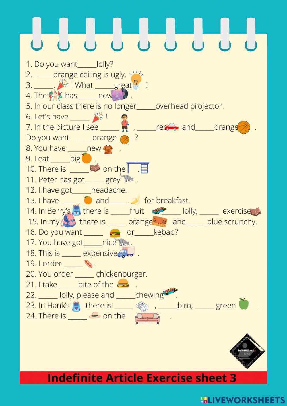 Indefinite Article Exercise Sheet 3 1551657