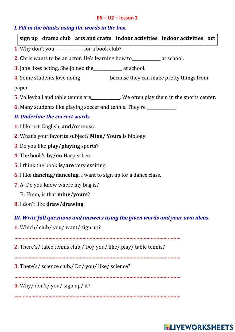 E6 - U2 - lesson 2 worksheet | Live Worksheets