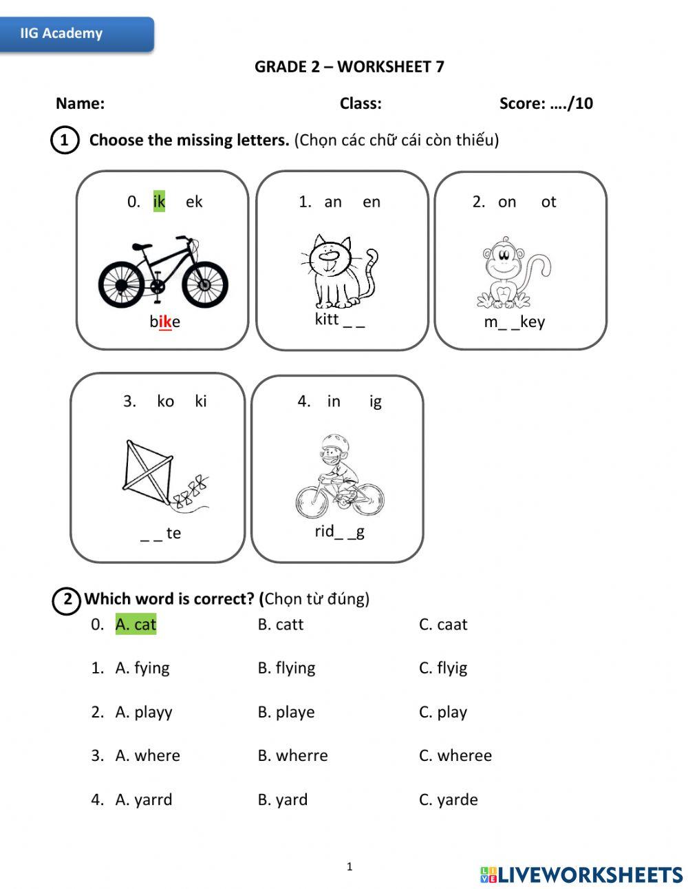 IIG-Grade 2-Worksheet 7 worksheet | Live Worksheets