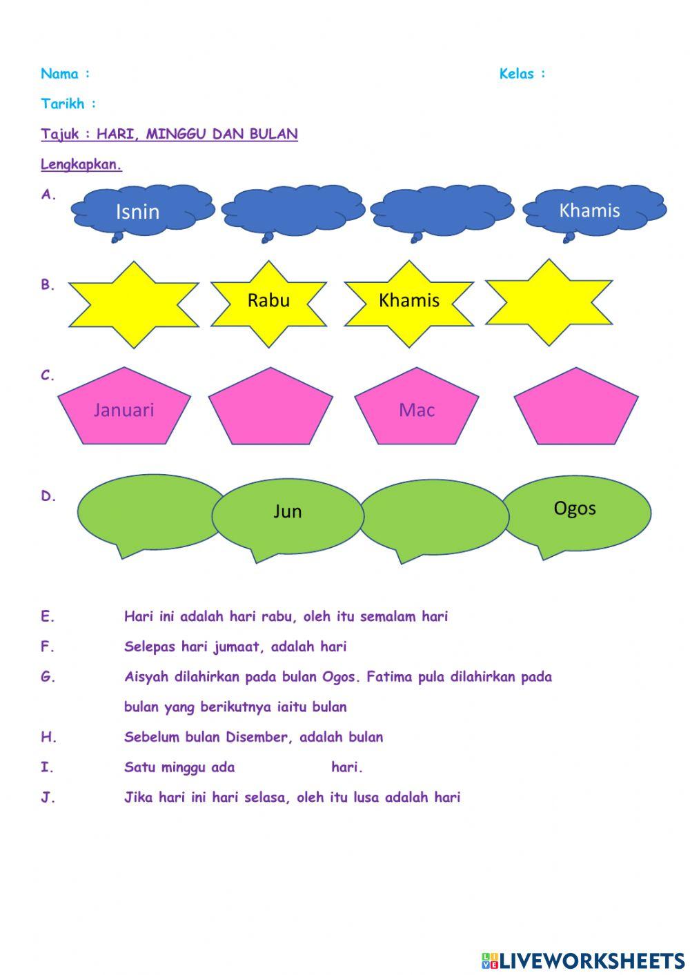 Hari minggu dan bulan worksheet | Live Worksheets