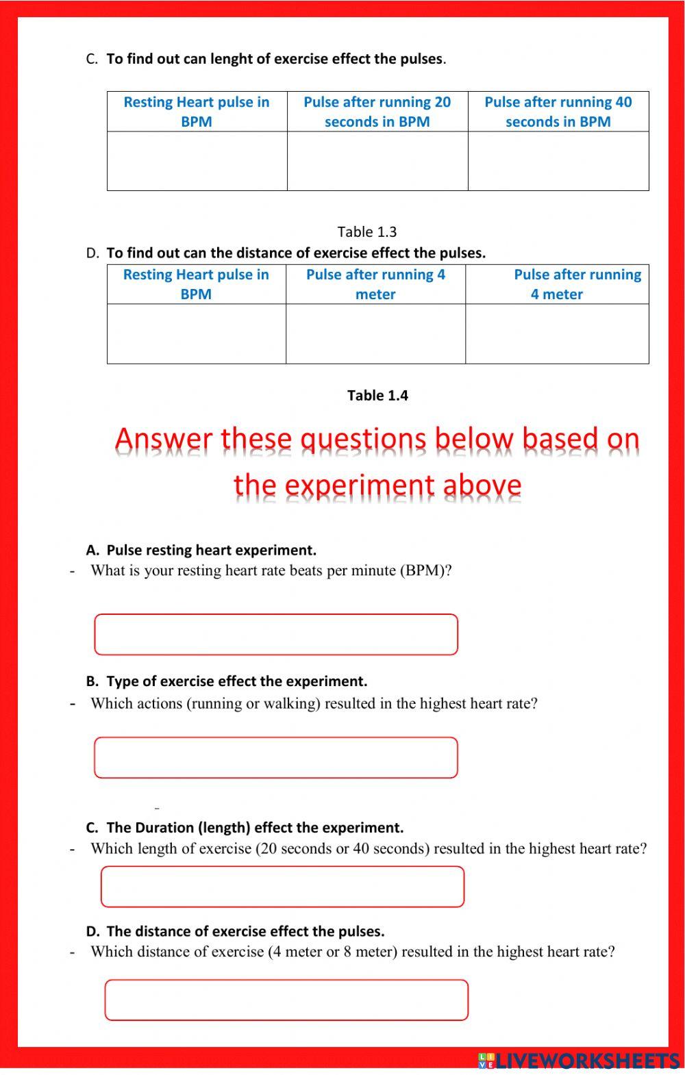 Pulse Experiment worksheet | Live Worksheets