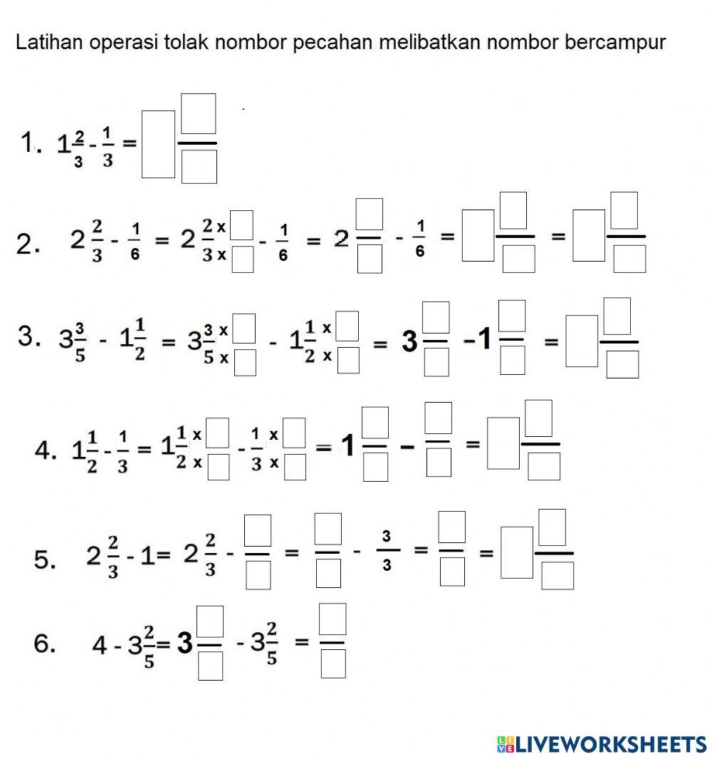 Nombor pecahan operasi tolak nombor bercampur worksheet | Live Worksheets