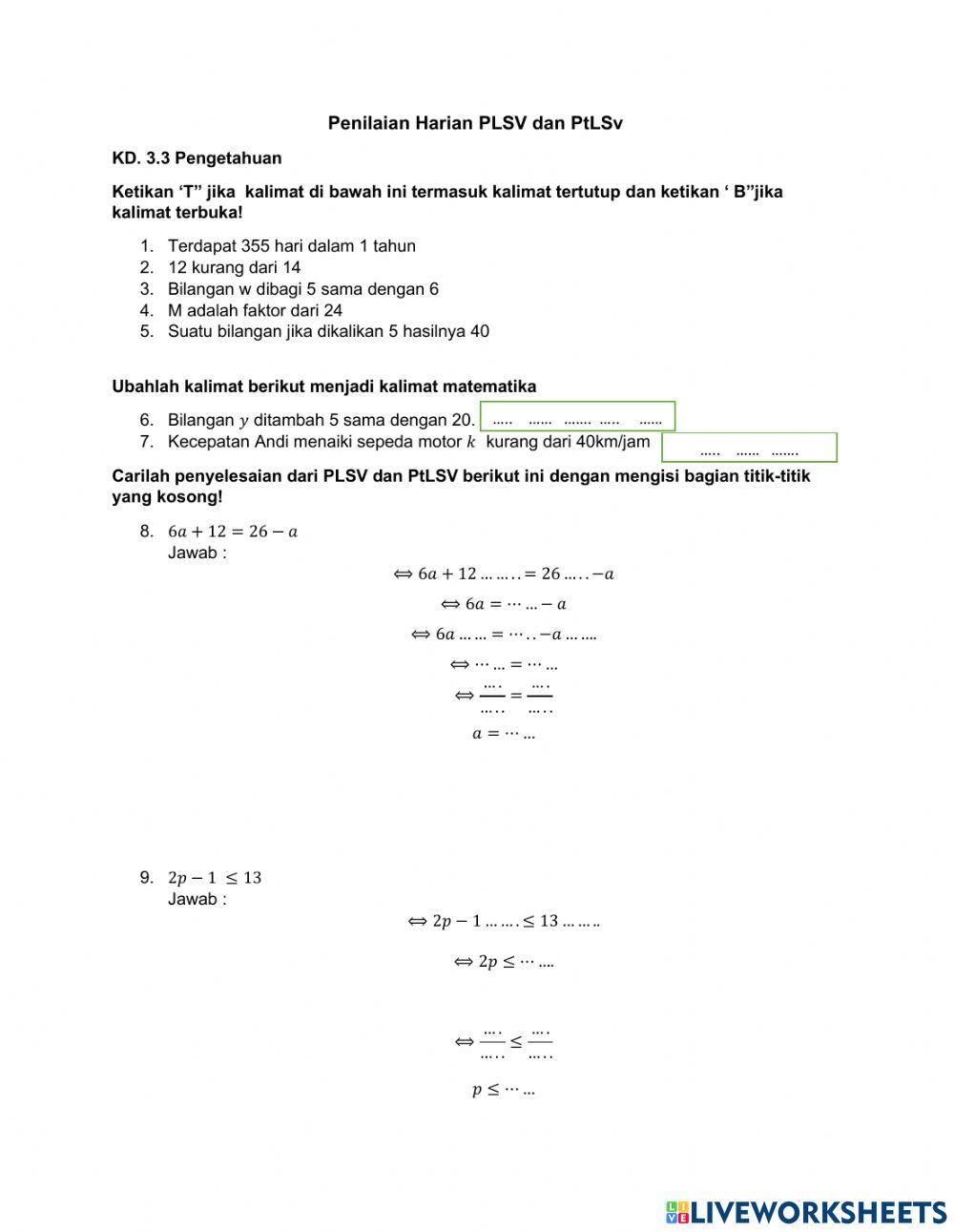 Uh plsv 7a worksheet | Live Worksheets