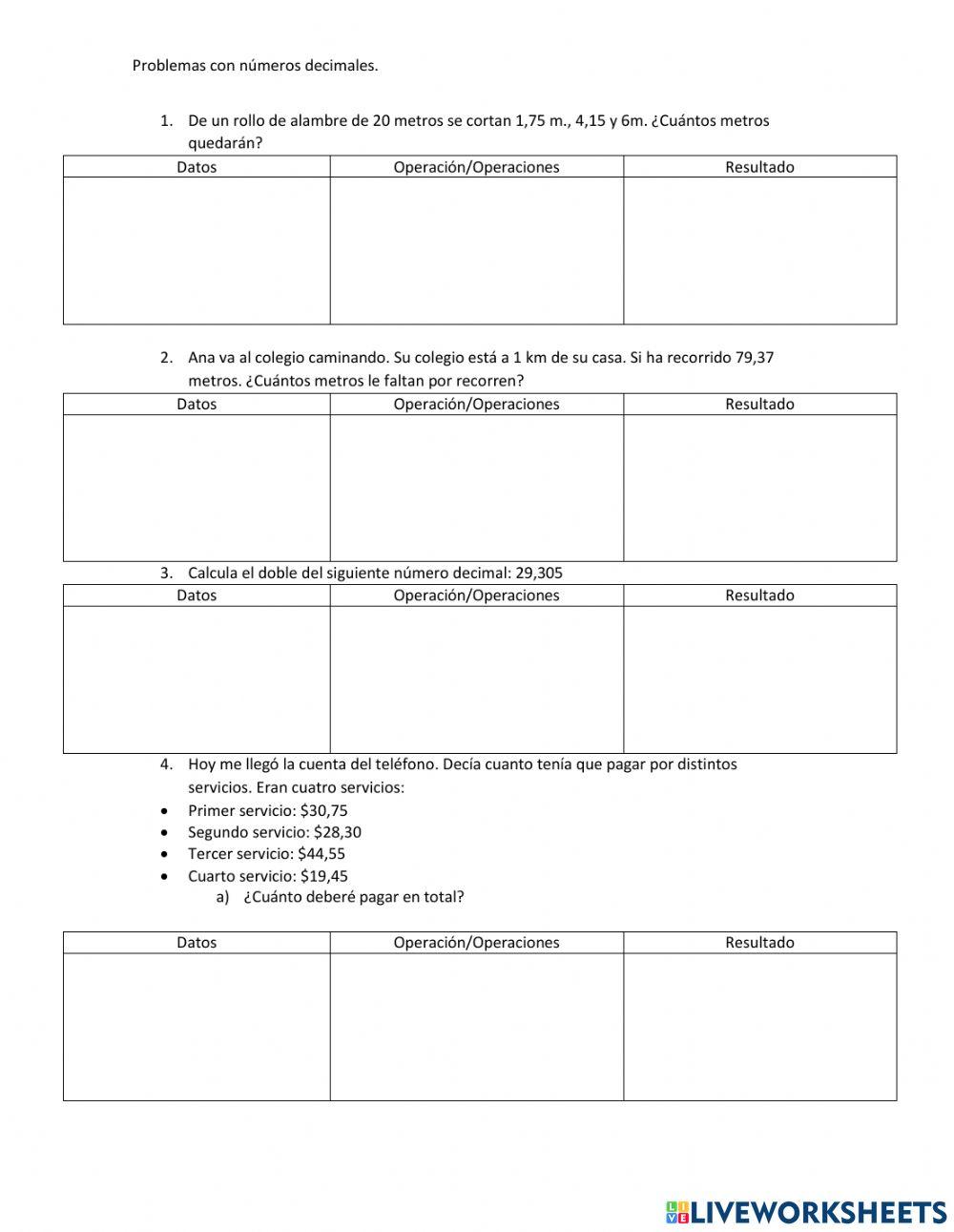 Problemas con numeros decimales activity for PRIMARIA 5TO | Live Worksheets