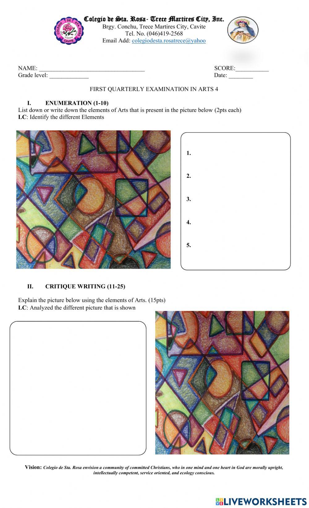 Quarterly Exam Arts 4 worksheet | Live Worksheets