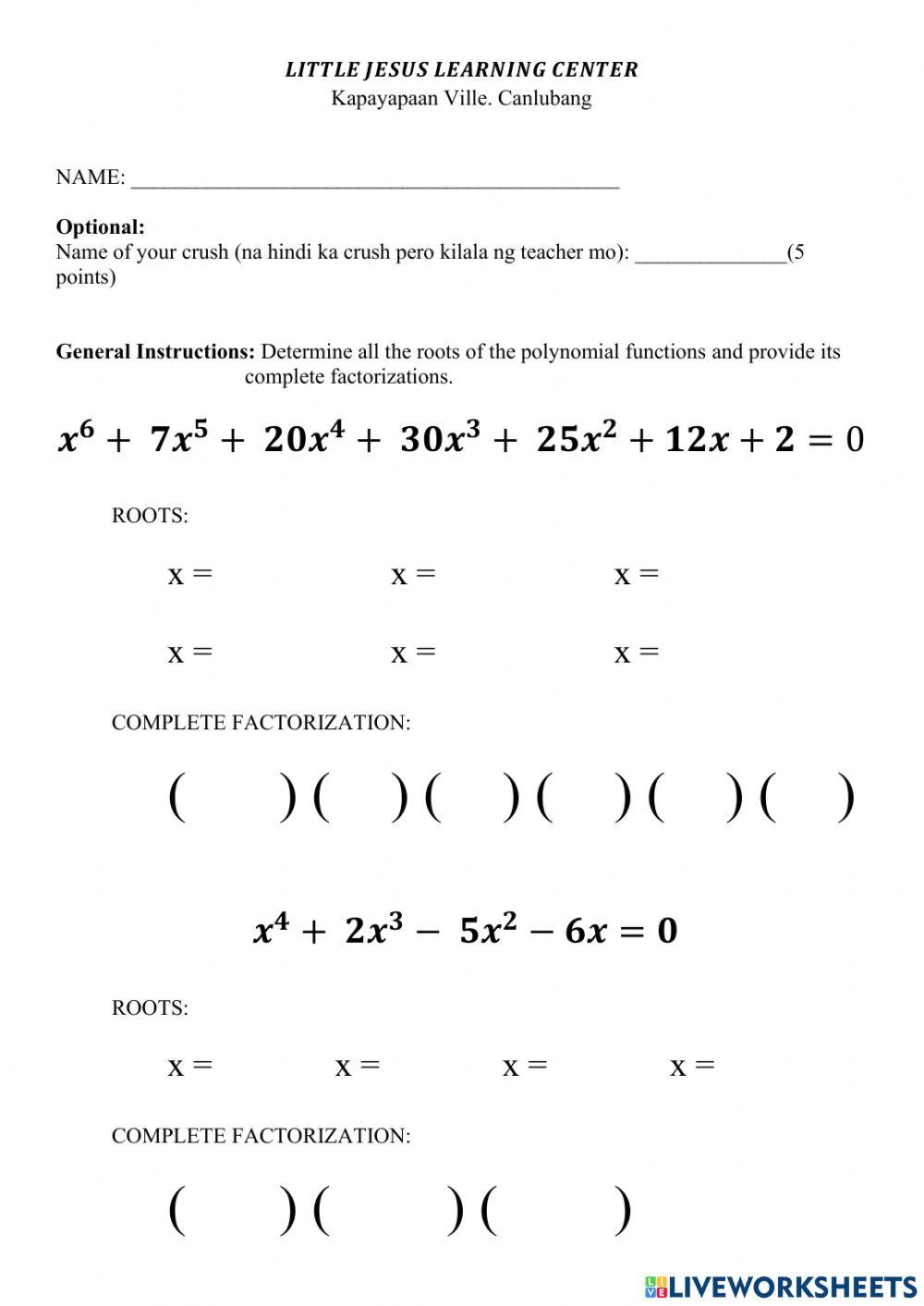 Theorems About Roots of Polynomial Equations Worksheet Theorems About Roots of Polynomial Equations Worksheet