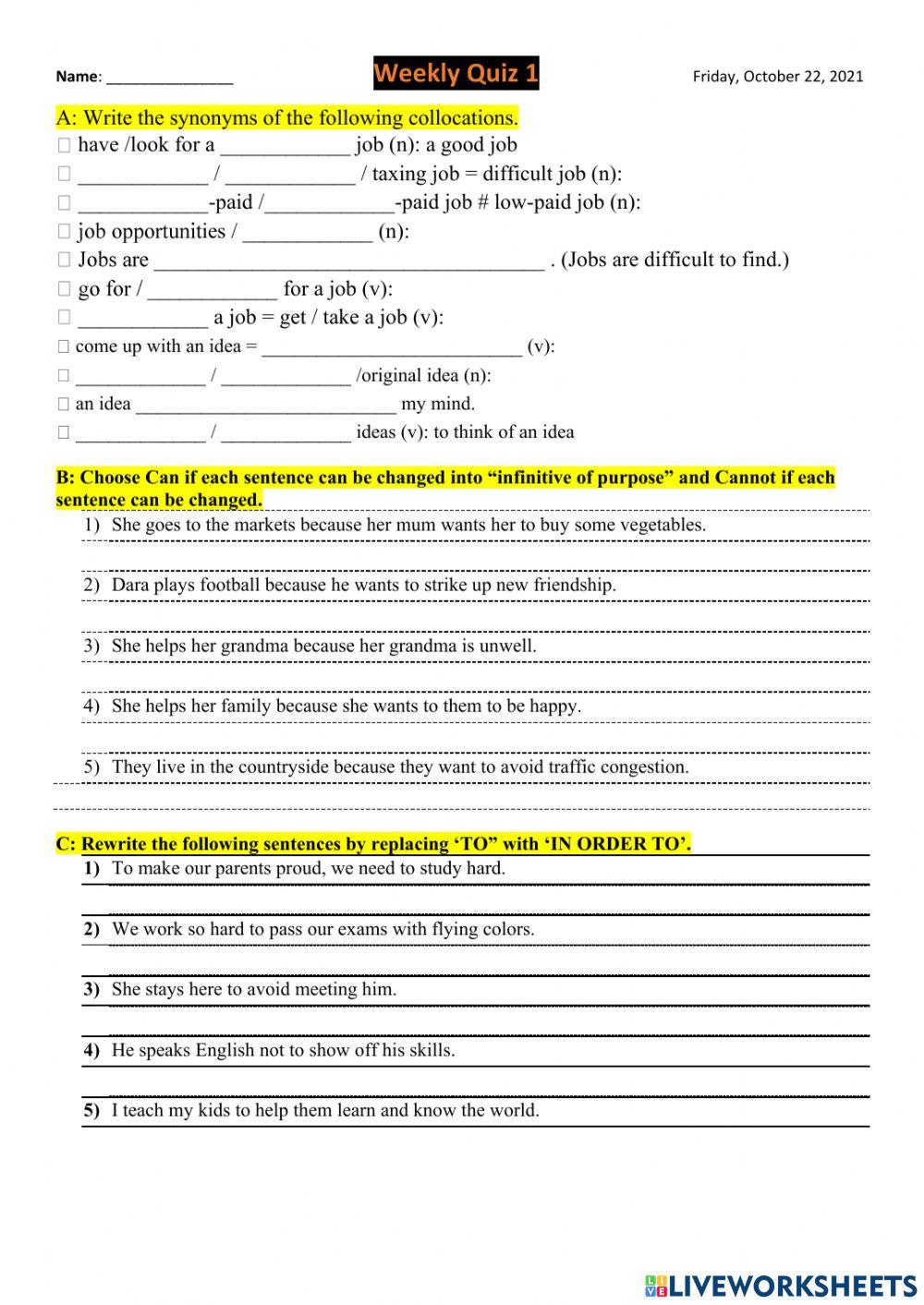 L4-Weekly Quiz 1 worksheet | Live Worksheets