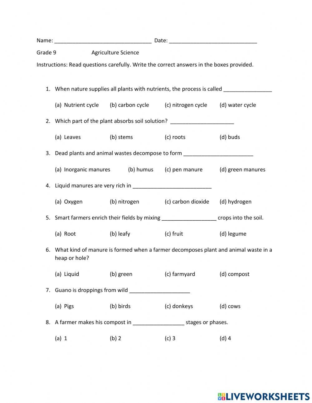 grade 9 sh test 1 21 online exercise for | Live Worksheets