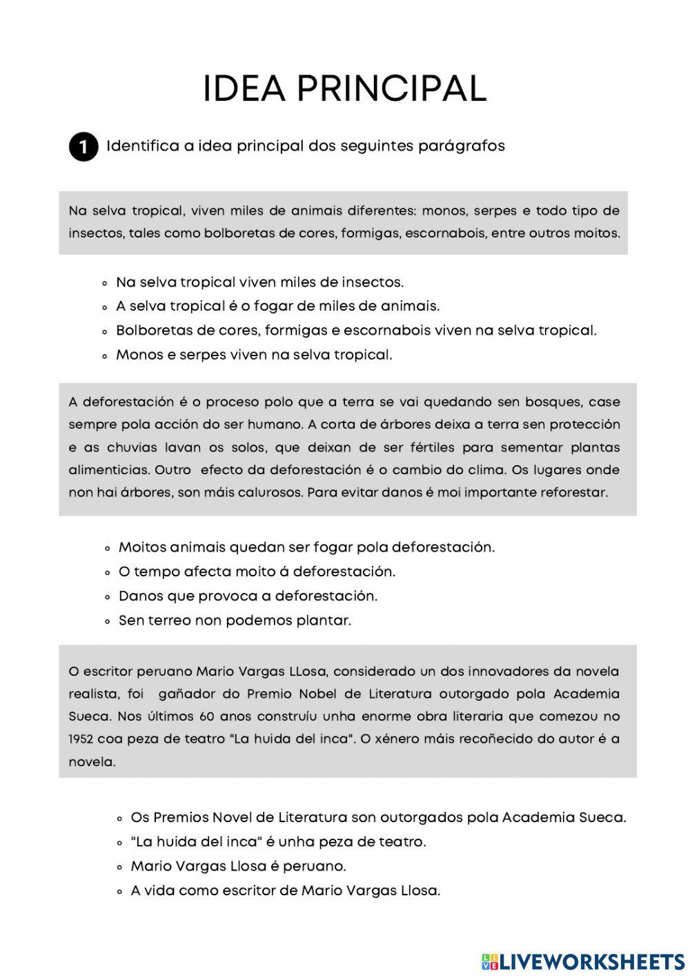 Idea principal interactive worksheet for 5º EP | Live Worksheets