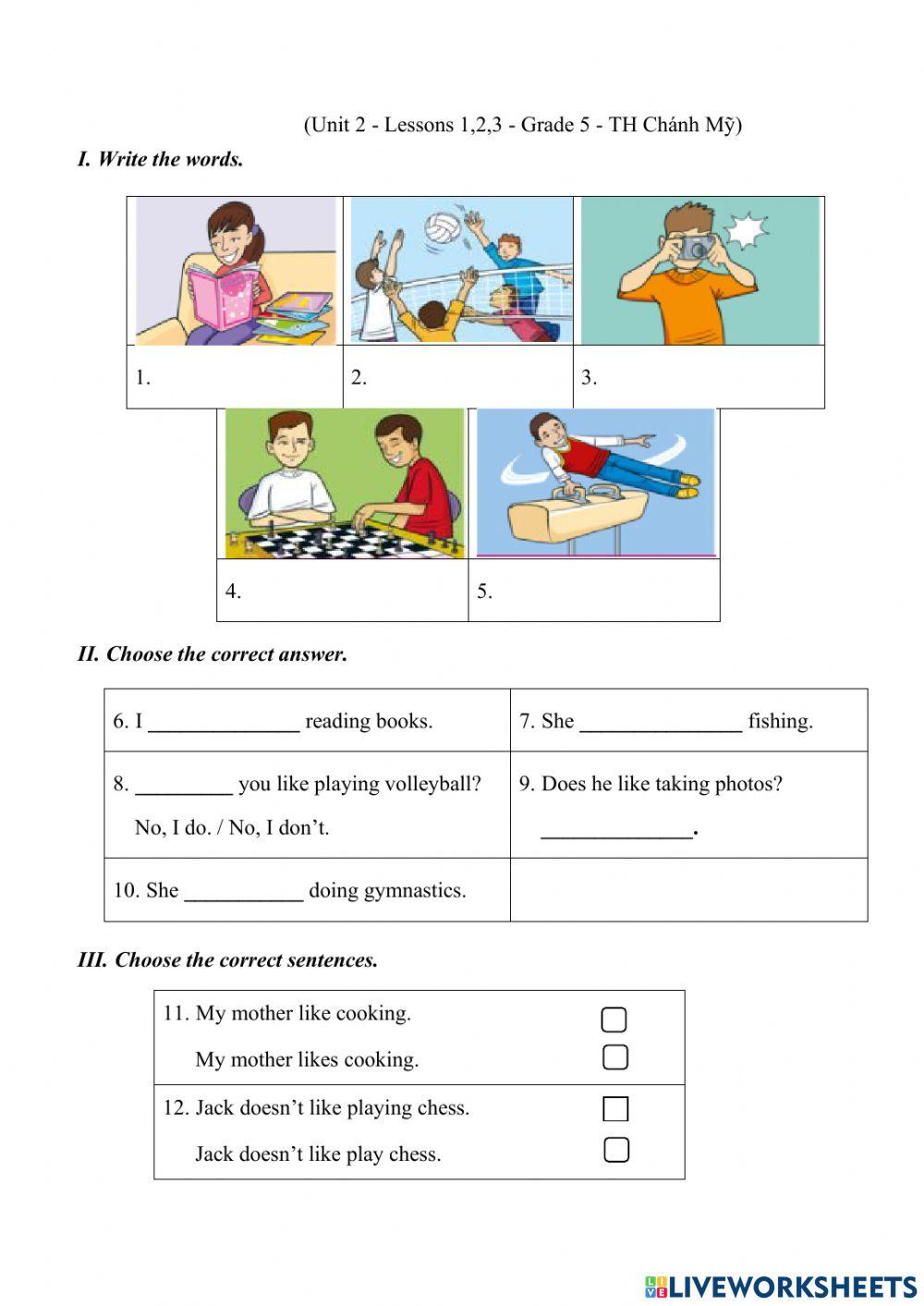 Unit 2 - Lessons 1,2,3 - Grade 5 - TH Chánh Mỹ online exercise for | Live Worksheets