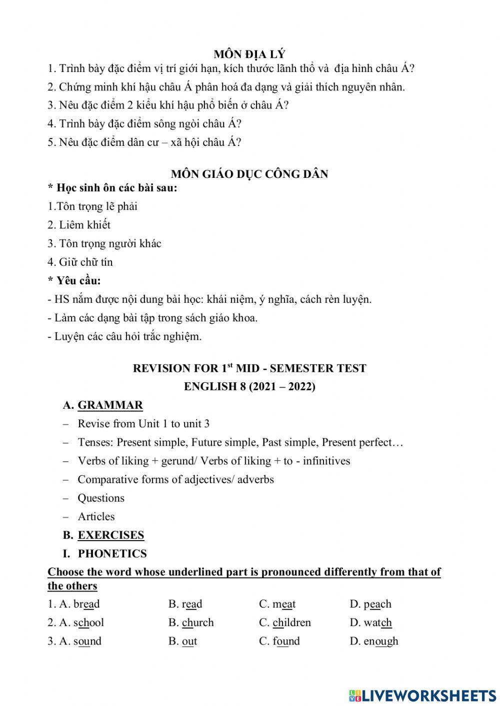 G8 midterm1 tay son worksheet | Live Worksheets
