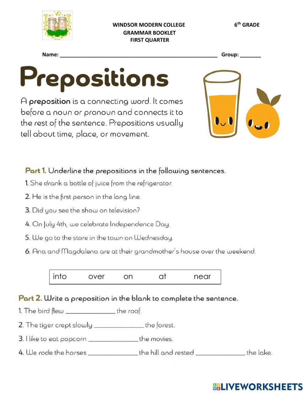 Prepositions online exercise for GRADE 6 | Live Worksheets
