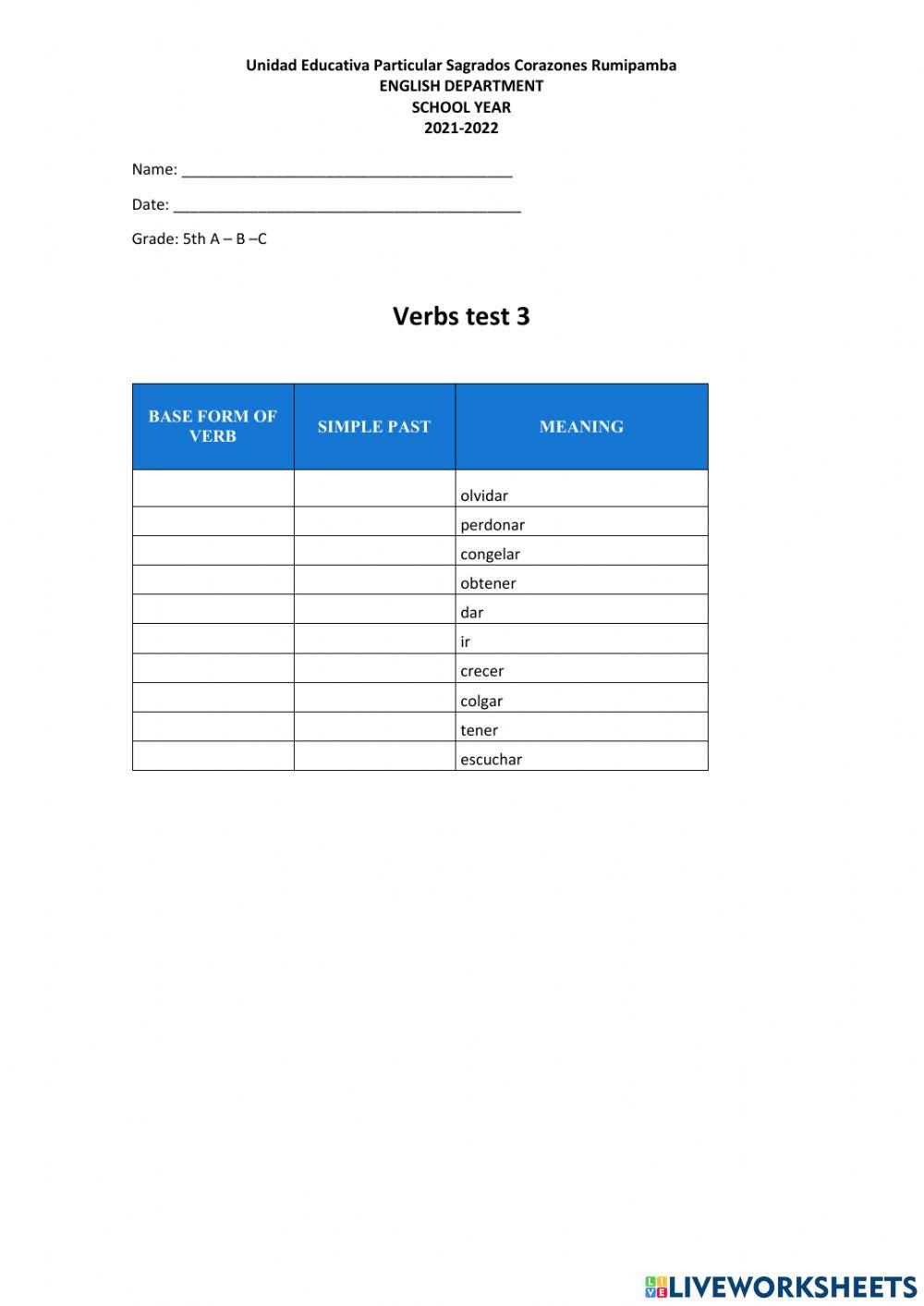 Verbs test 3 worksheet | Live Worksheets