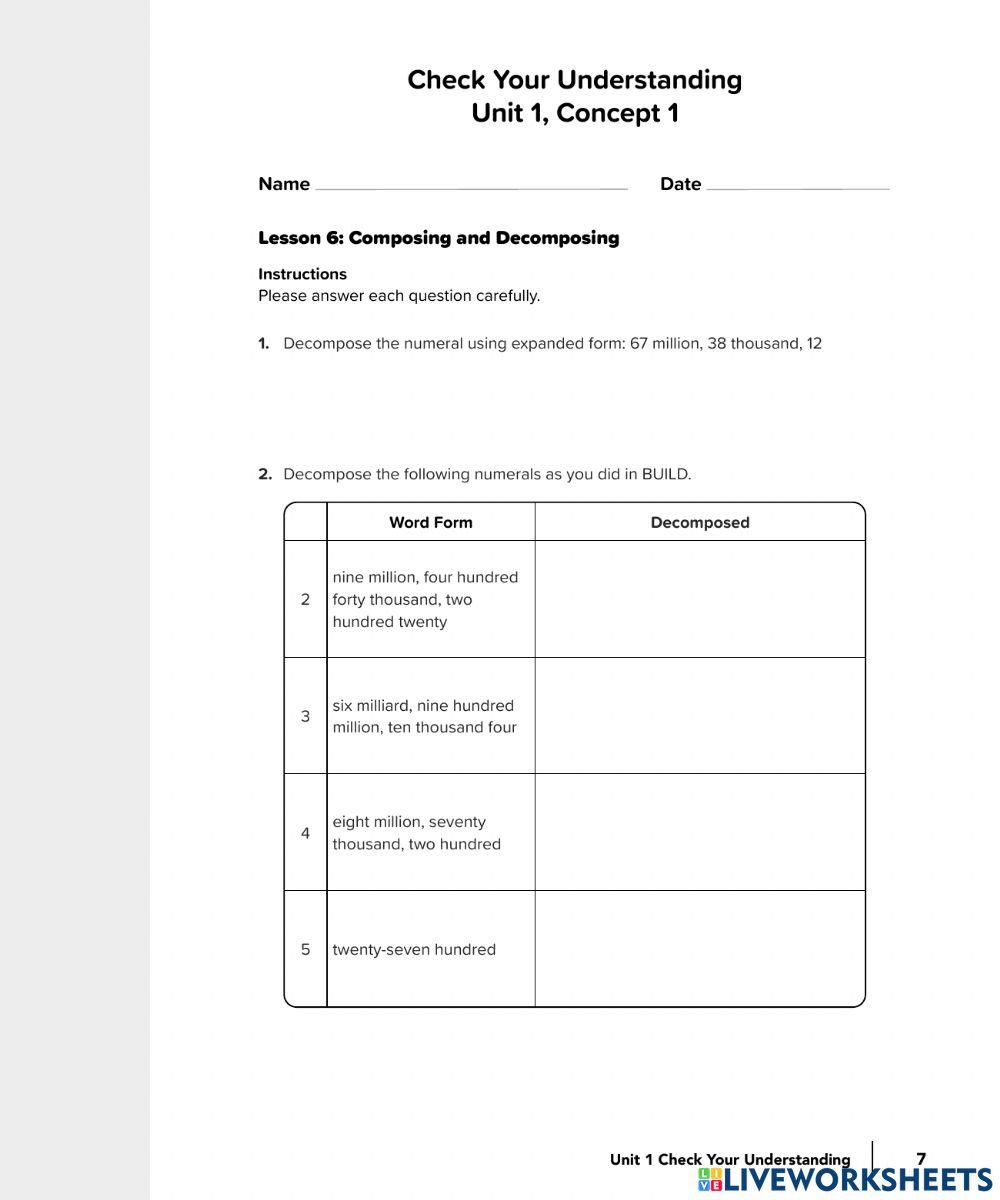Composing and decomposing big numbers worksheet | Live Worksheets