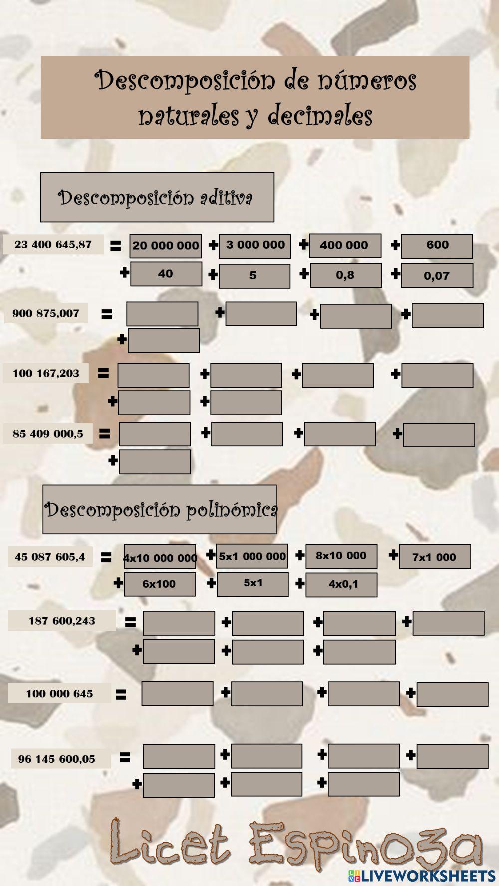Descomposición de números worksheet for 6TO GRADO | Live Worksheets