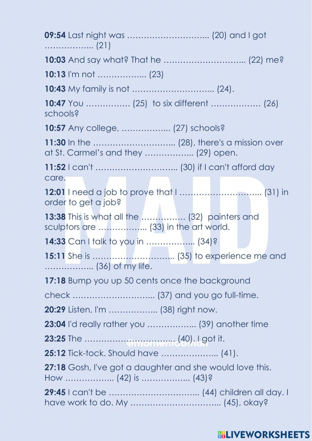 Maid worksheet | Live Worksheets