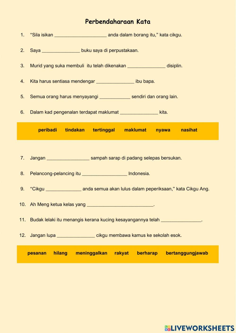 Perbendaharaan Kata (Unit 15) worksheet | Live Worksheets