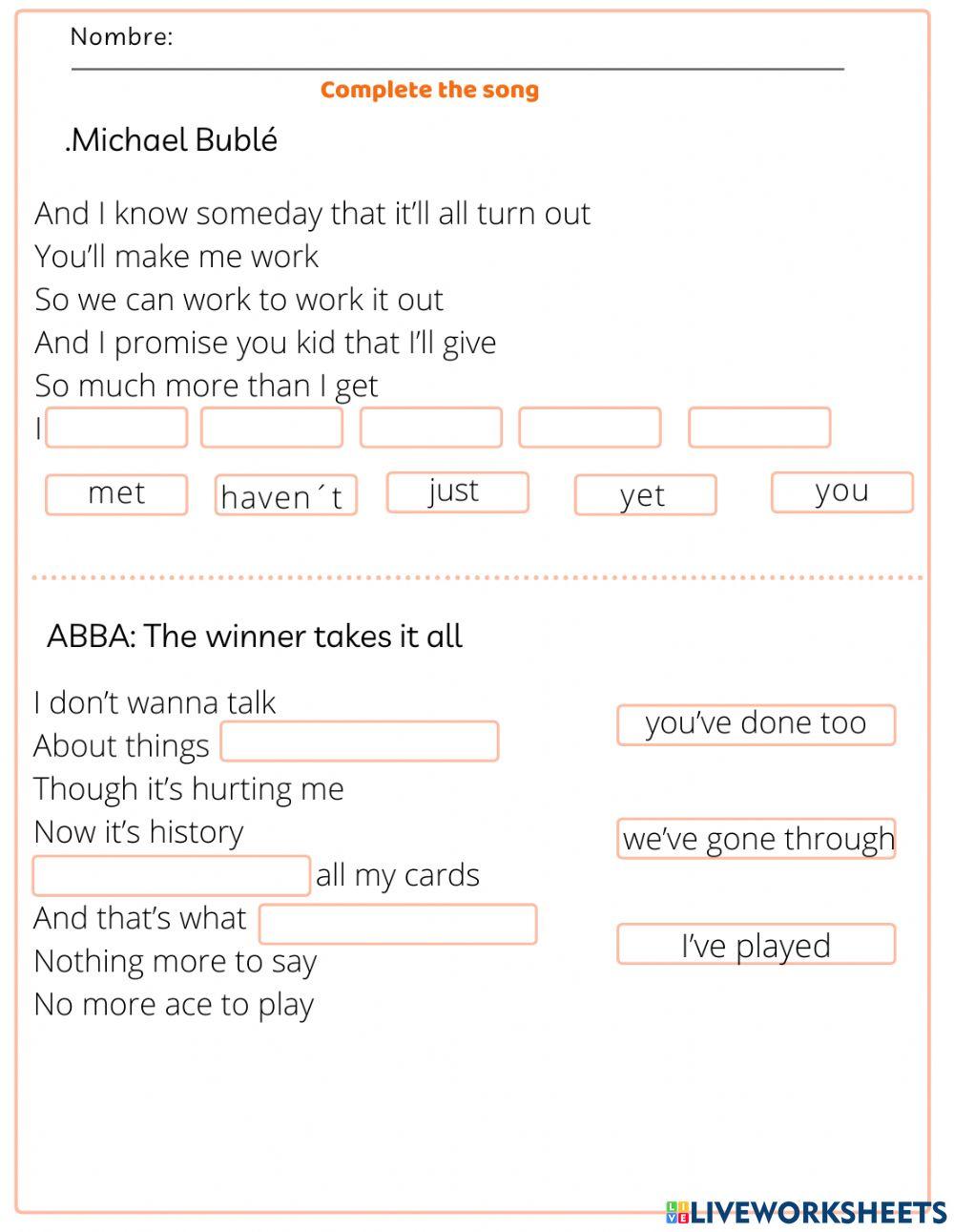 Present perfect with songs online exercise for | Live Worksheets