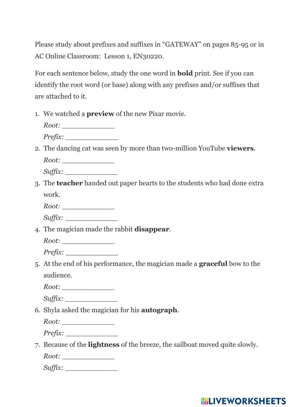 Lesson01 Root Words, Prefixes and Suffixes online exercise for | Live ...