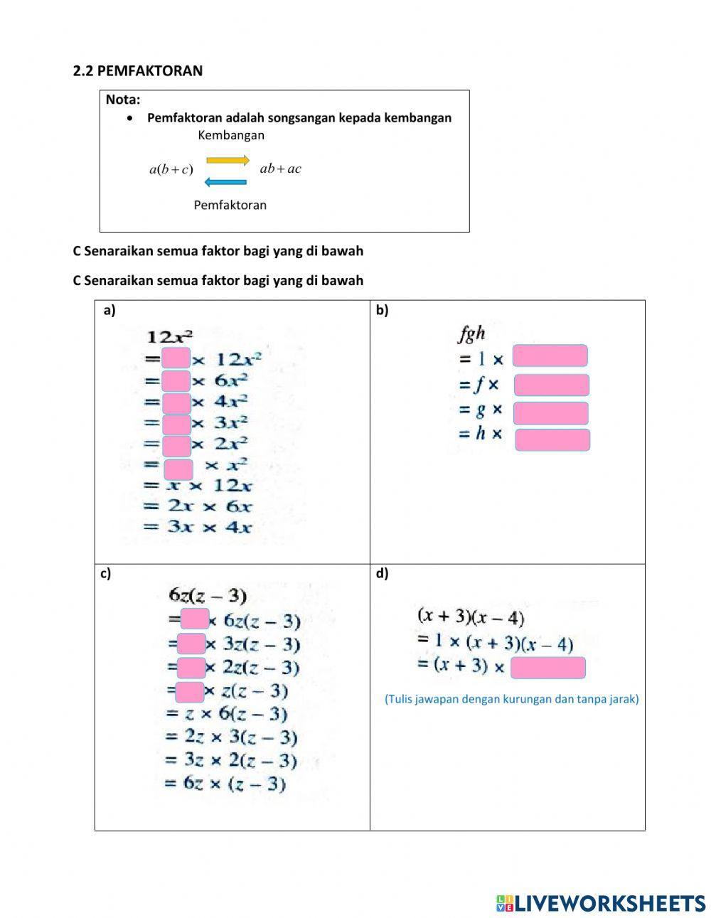Bab 2 t2 pemfak… | Free Interactive Worksheets | 1558894