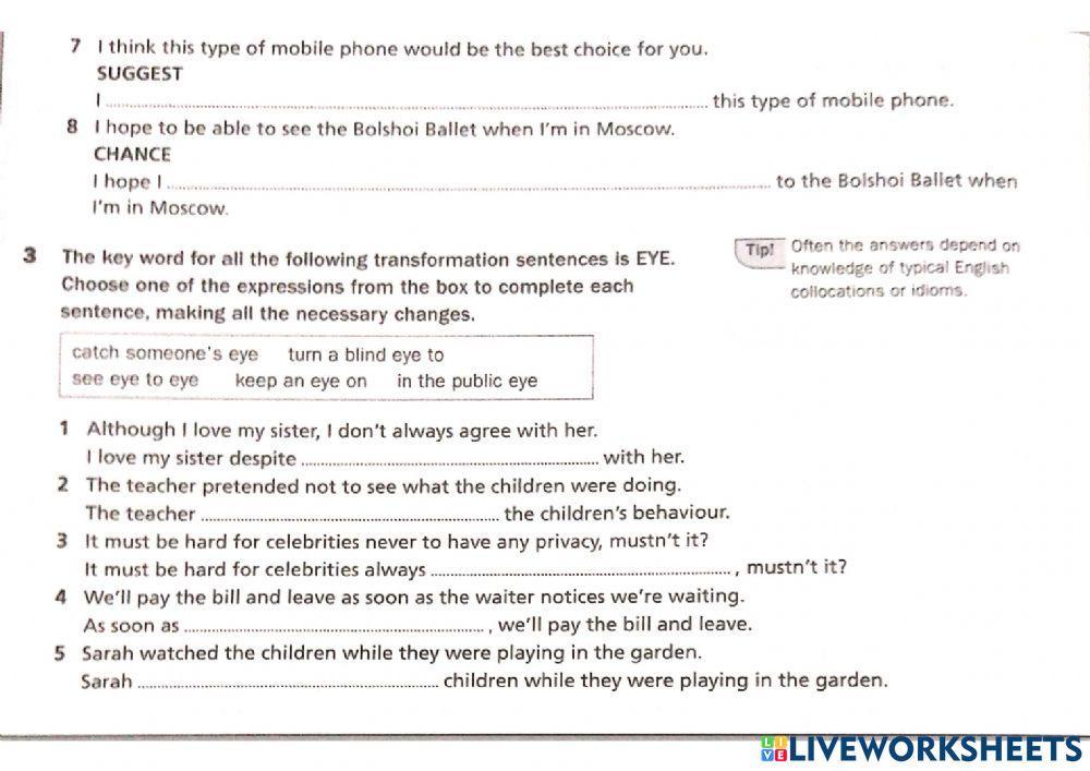 sentence transformation free exercise | Live Worksheets