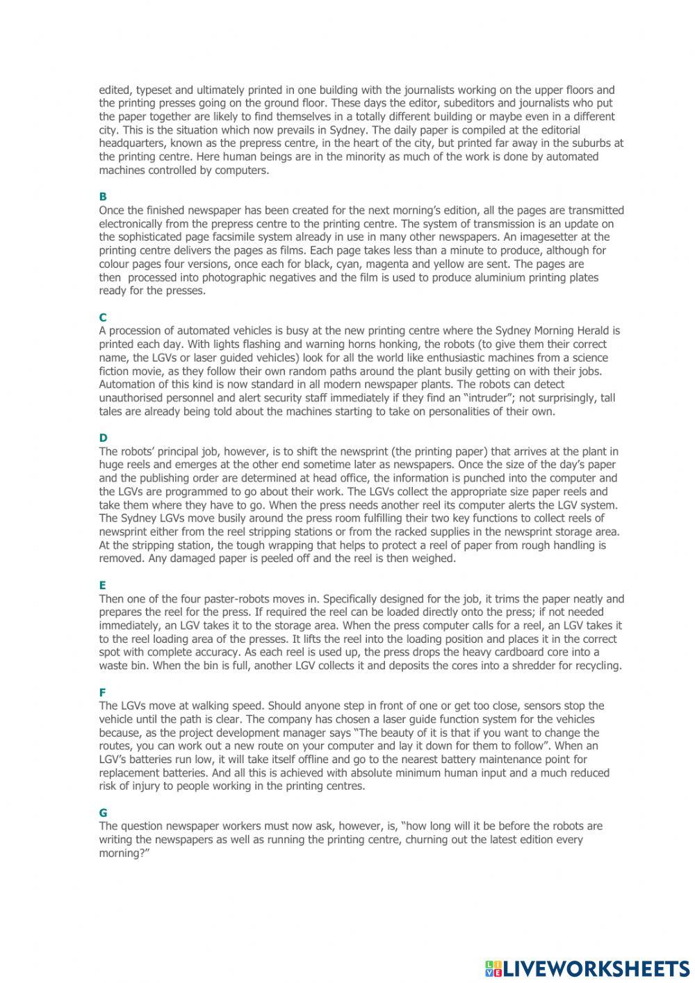 Robots at work worksheet | Live Worksheets