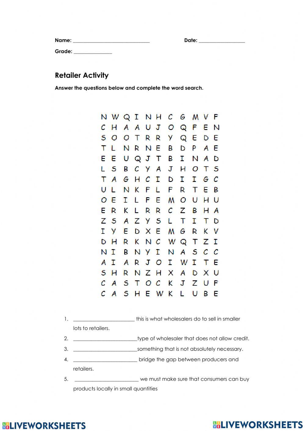 Retailers Activity Sheet -1 online exercise for | Live Worksheets