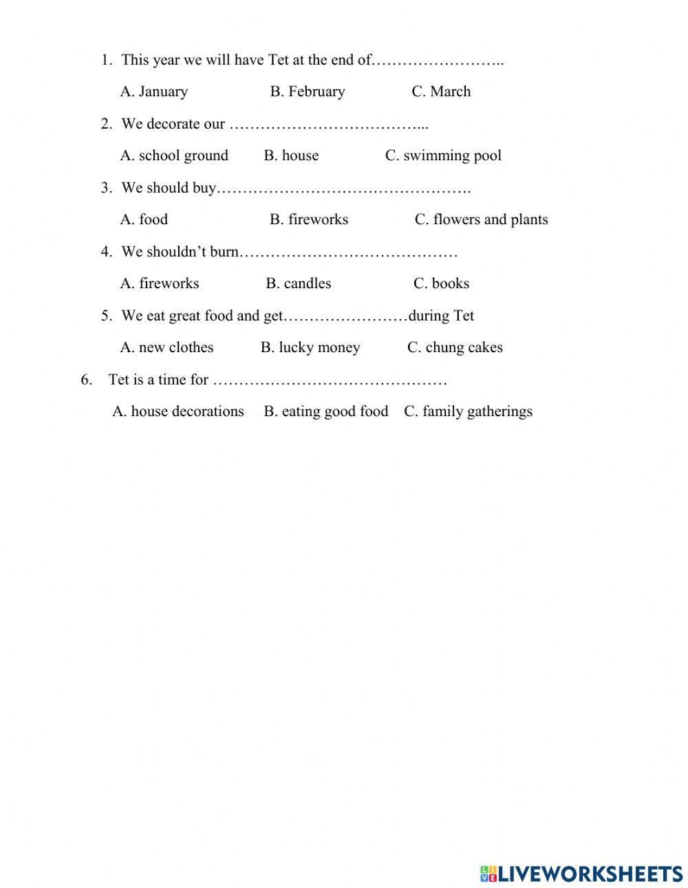 Tet holiday exercise | Live Worksheets