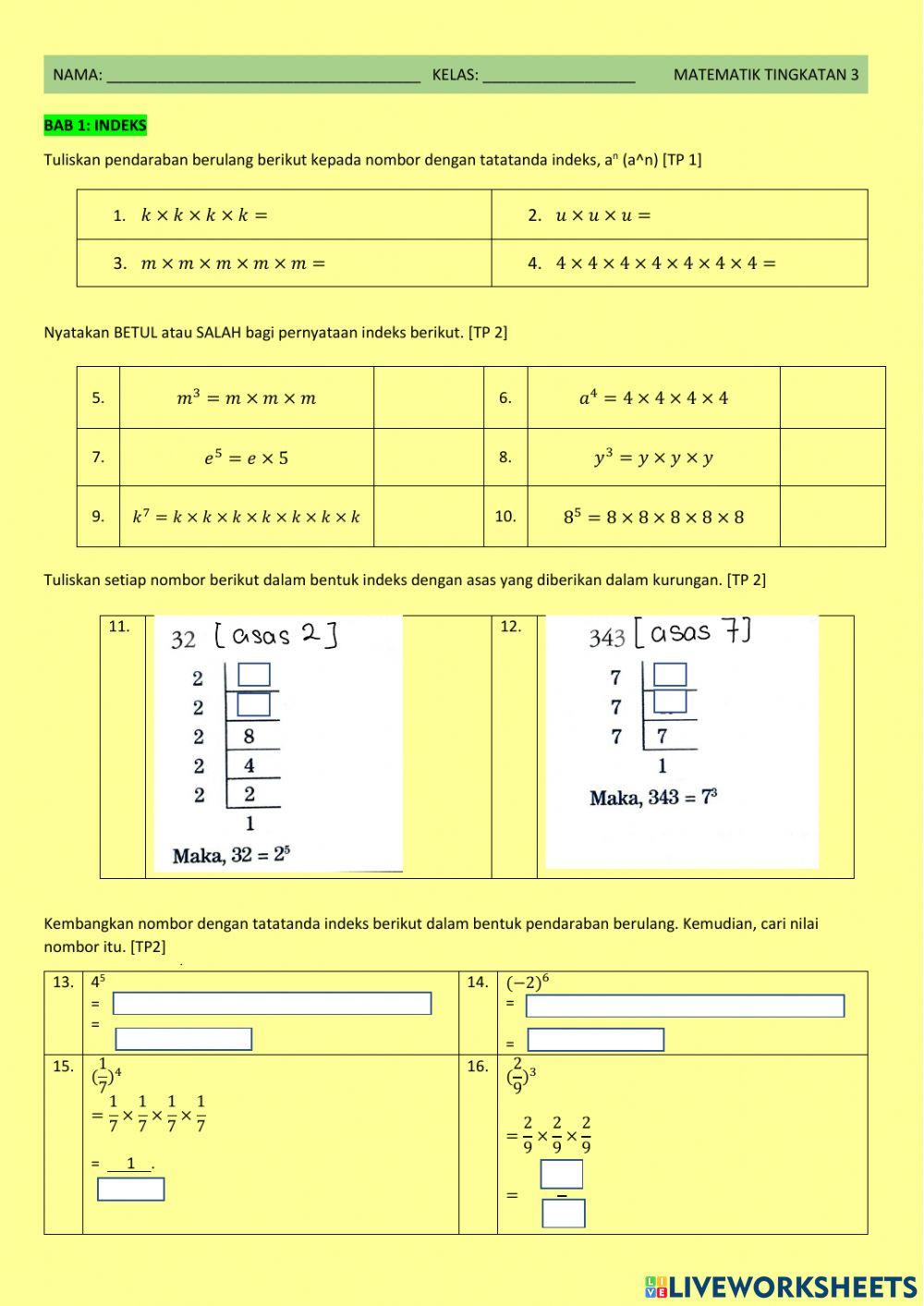 Bab 1: indeks | Free Interactive Worksheets | 1561900