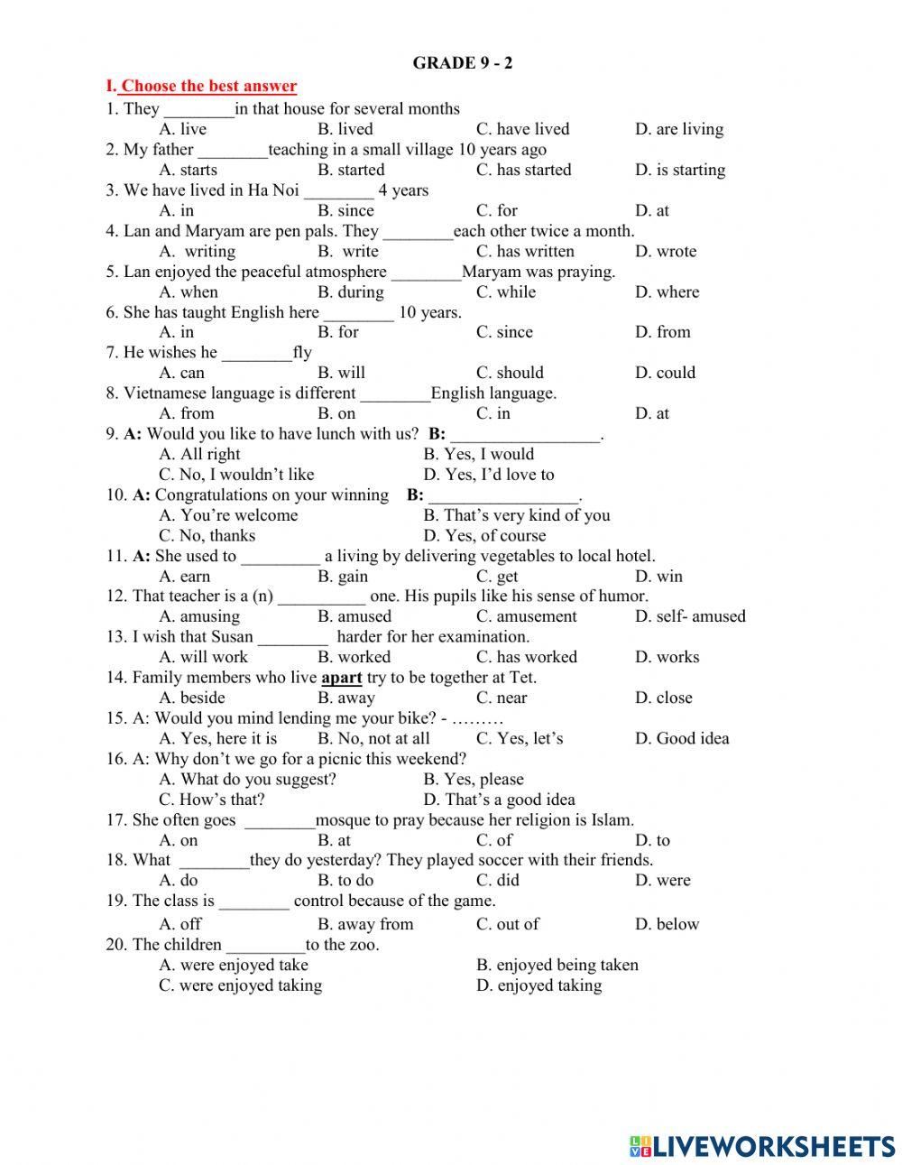 Grade 9 - 2 worksheet | Live Worksheets