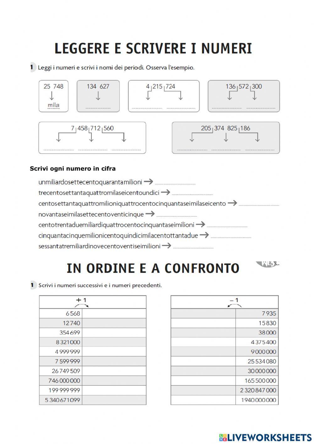 Grandi numeri confronti e riordino worksheet | Live Worksheets
