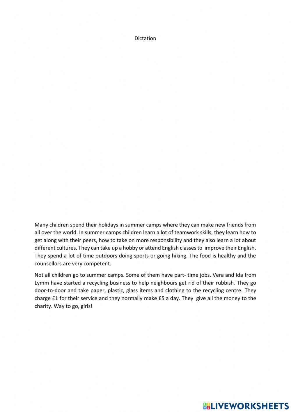 Dictation 1 English as a Second Language (ESL) activity | Live Worksheets