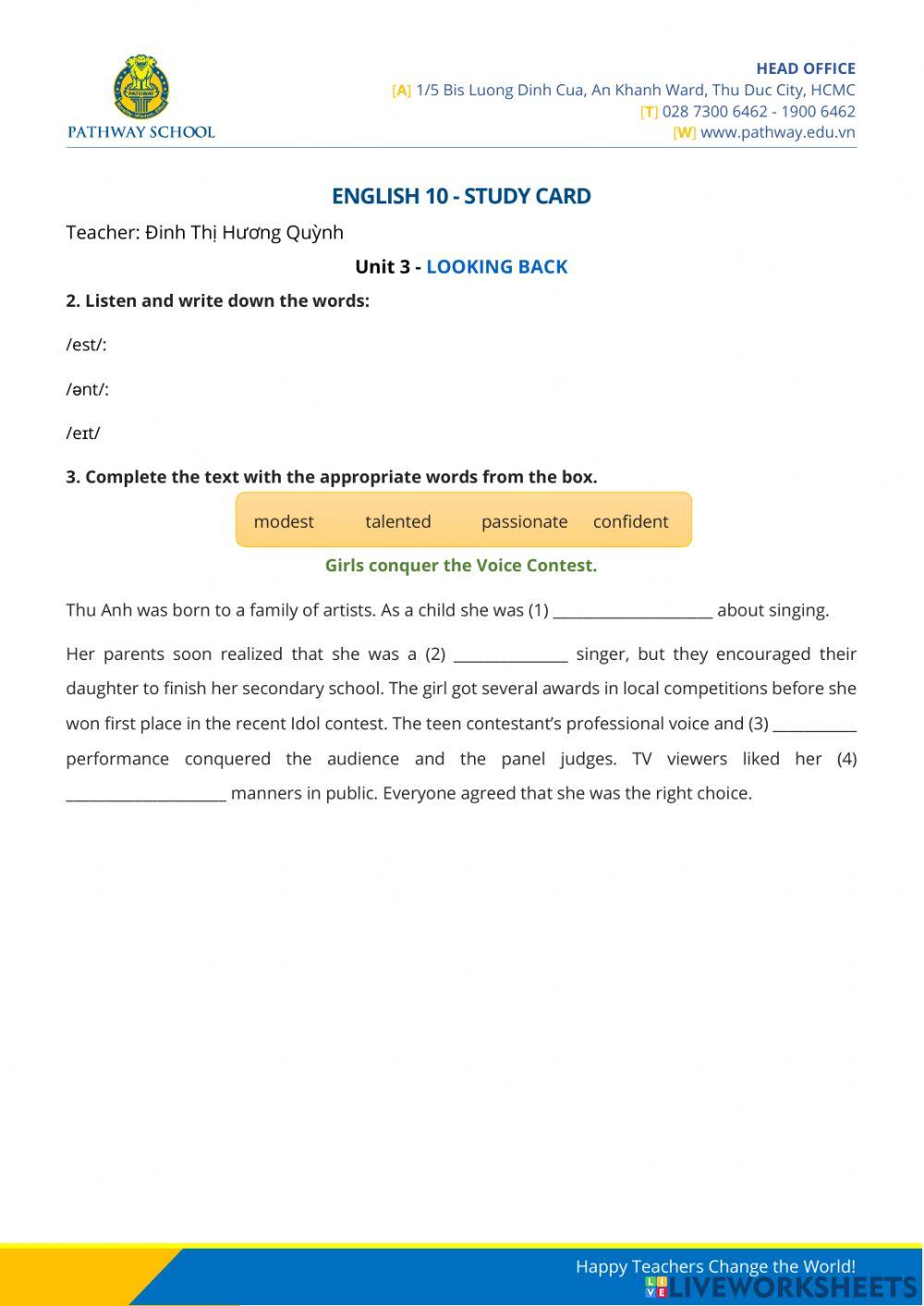 E10 - u3 - looking back worksheet | Live Worksheets