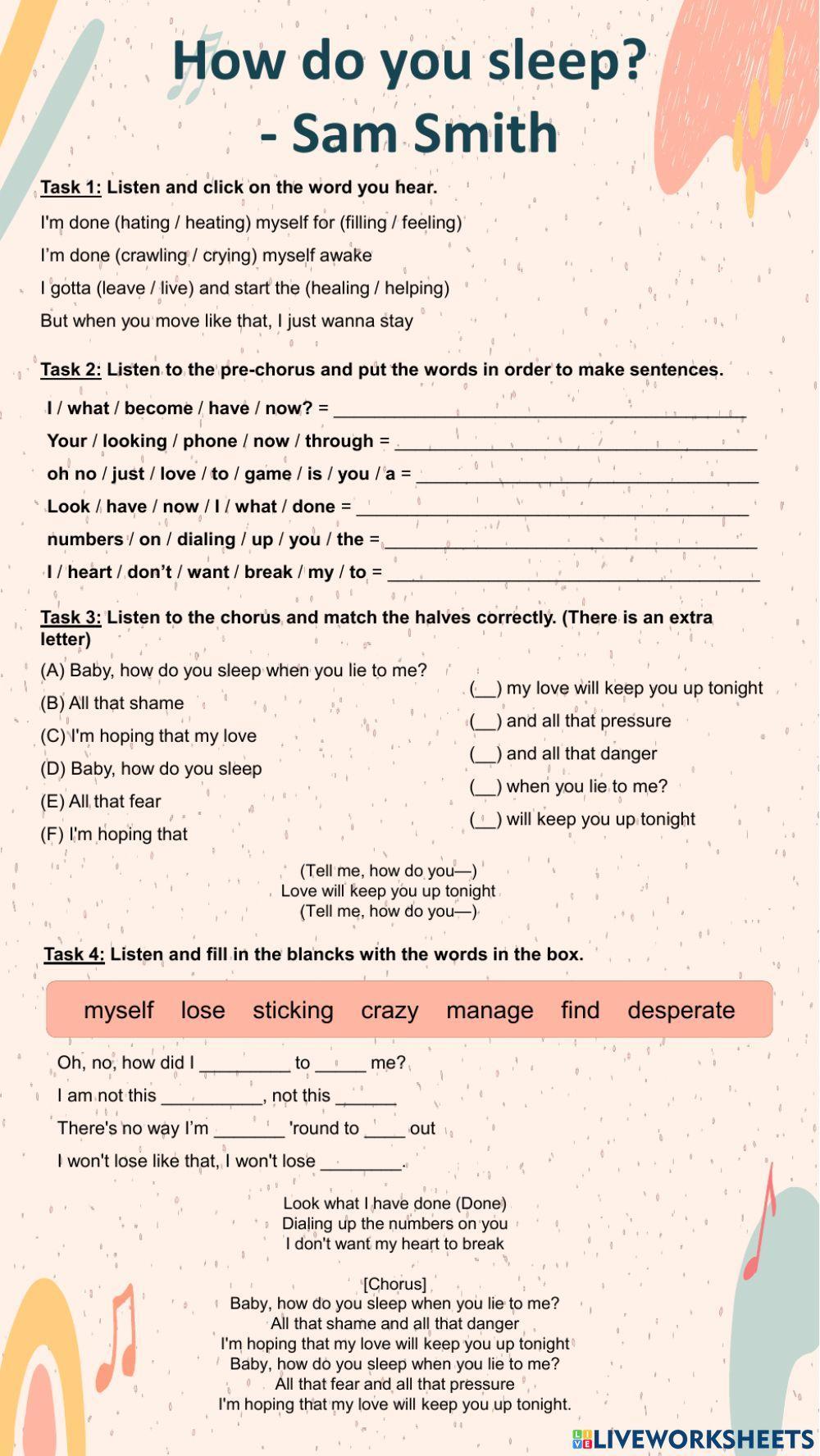 Listen to a song worksheet | Live Worksheets
