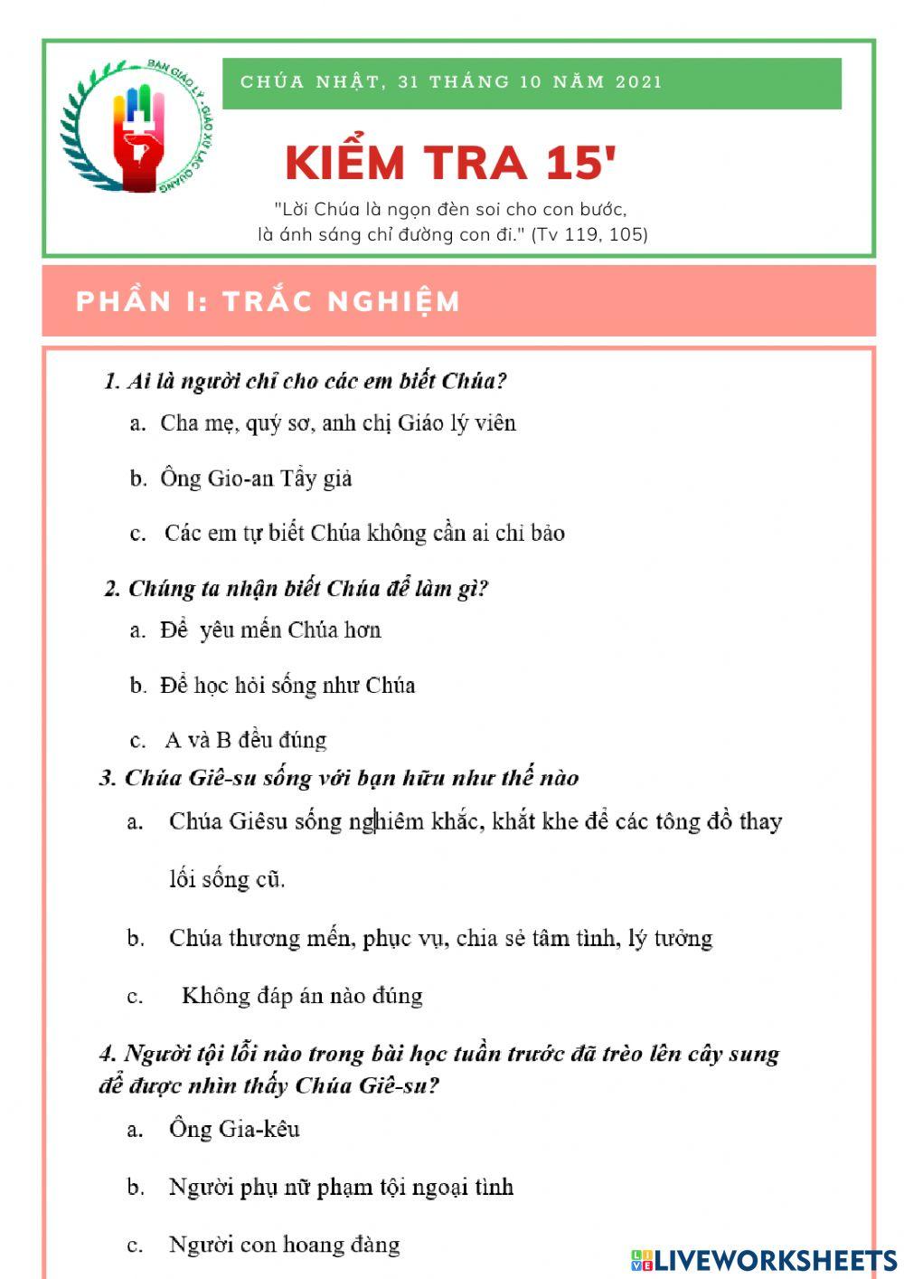 Đề KT 15' RL1 worksheet | Live Worksheets