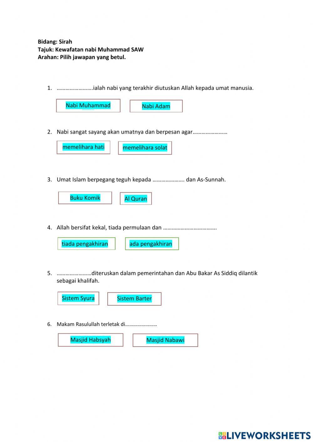 Kesan dan Iktibar Kewafatan nabi Muhammad worksheet | Live Worksheets