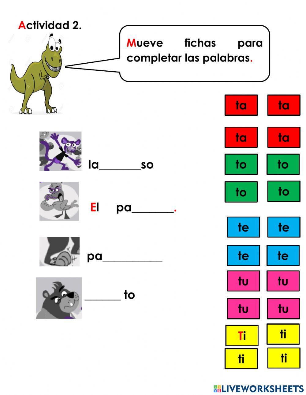 Actividad 2 completar palabras con sílabas t worksheet | Live Worksheets