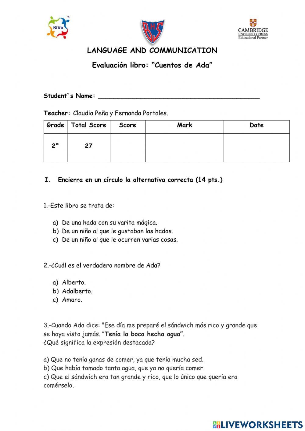 Cuentos de Ada - Evaluación libro 2°básico online exercise for | Live ...